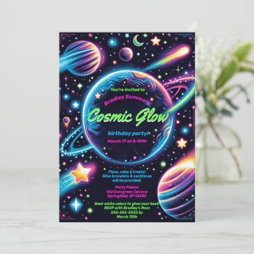 Teens Cosmic Glow Space Themed Birthday Party Invitation | Zazzle