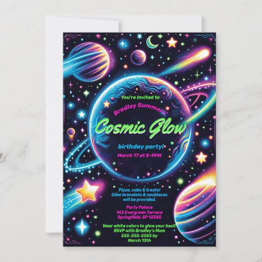 Teens Cosmic Glow Space Themed Birthday Party Invitation | Zazzle