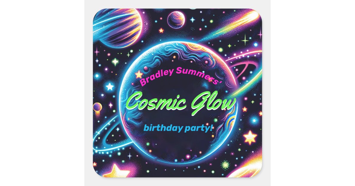 Teens Cosmic Glow Space Themed Birthday Party Square Sticker | Zazzle