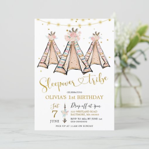 Teepee Pink Floral Girl Sleepover Party Invitation | Zazzle