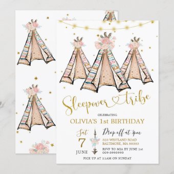 Teepee Pink Floral Girl Sleepover Party Invitation | Zazzle