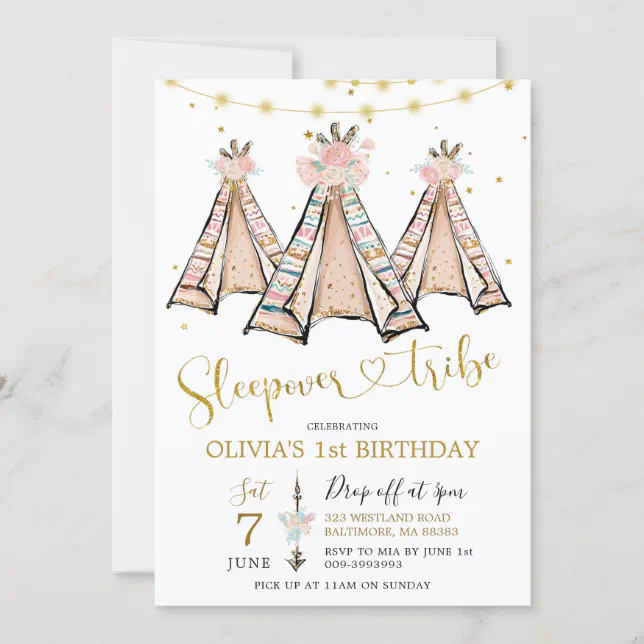 Teepee Pink Floral Girl Sleepover Party Invitation | Zazzle