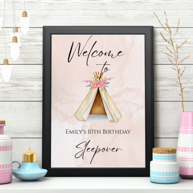 Teepee Tent Sleepover Birthday Party Welcome Poster | Zazzle