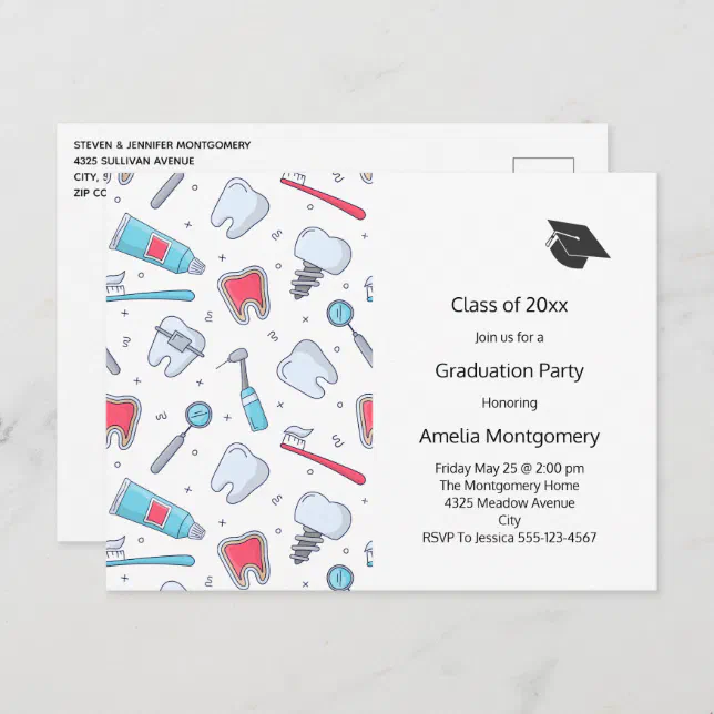 Teeth and Tools Dental Pattern Graduation Invitation Postcard | Zazzle