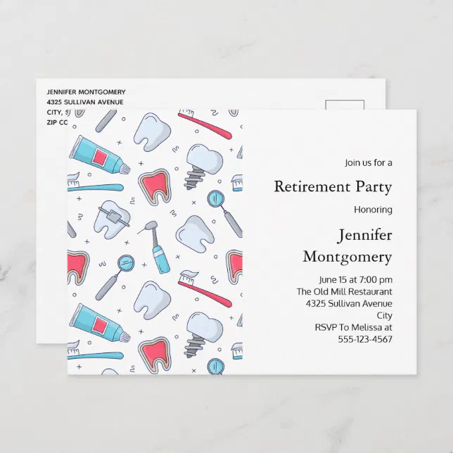 Teeth and Tools Dental Pattern Retirement Invitation Postcard | Zazzle