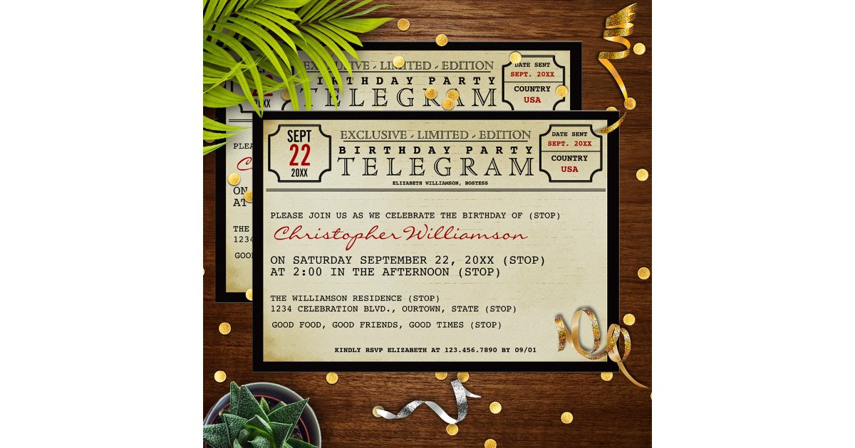 Telegram Style Birthday Party Invitation | Zazzle
