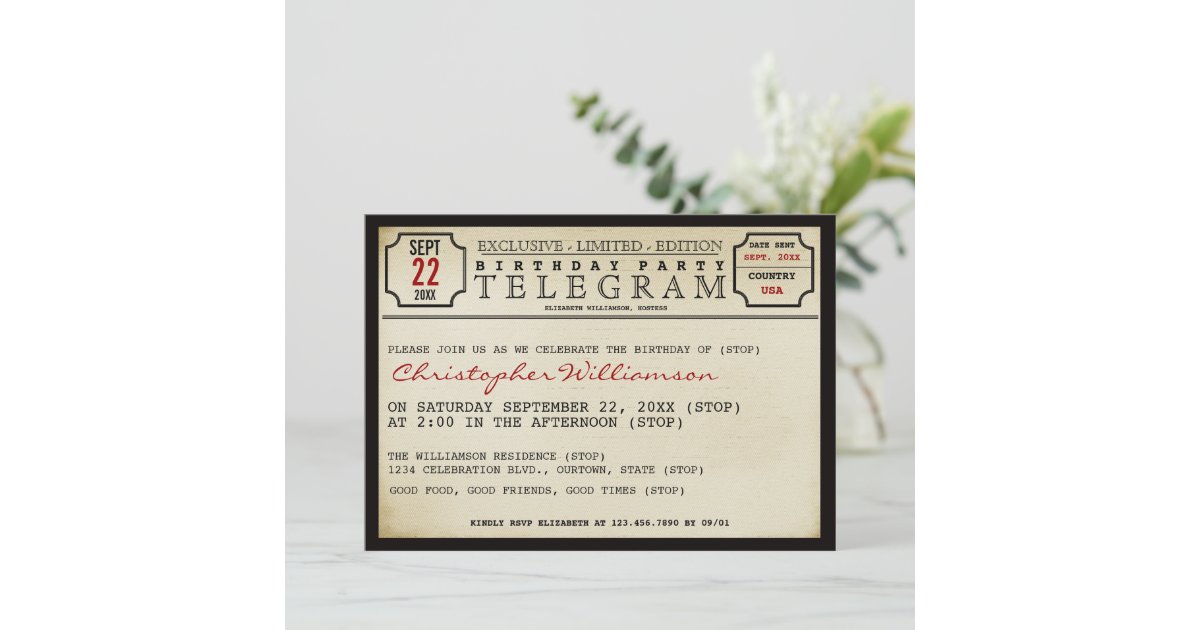 Telegram Style Birthday Party Invitation | Zazzle