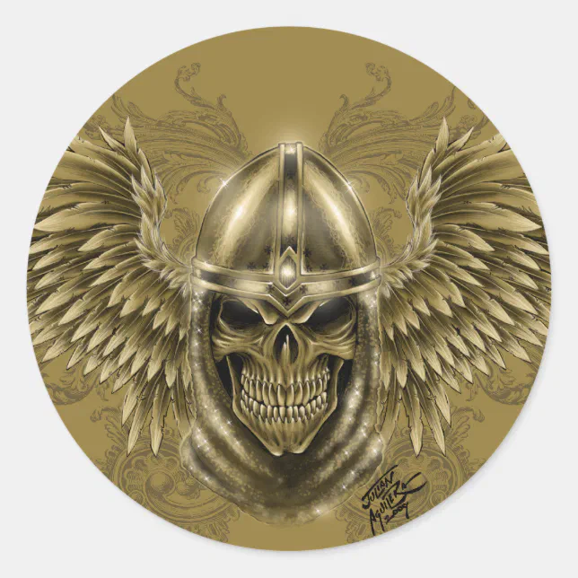 Templar Knight Gothic Medieval Skull with Wings Classic Round Sticker ...