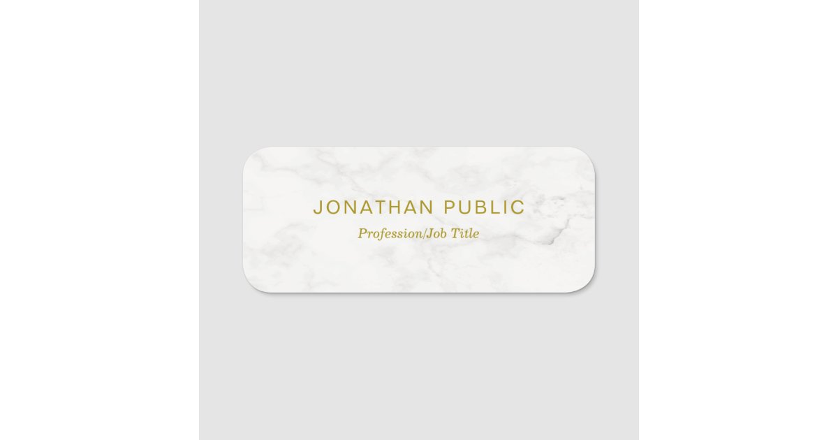 Template Gold Text White Marble Modern Minimalist Name Tag | Zazzle