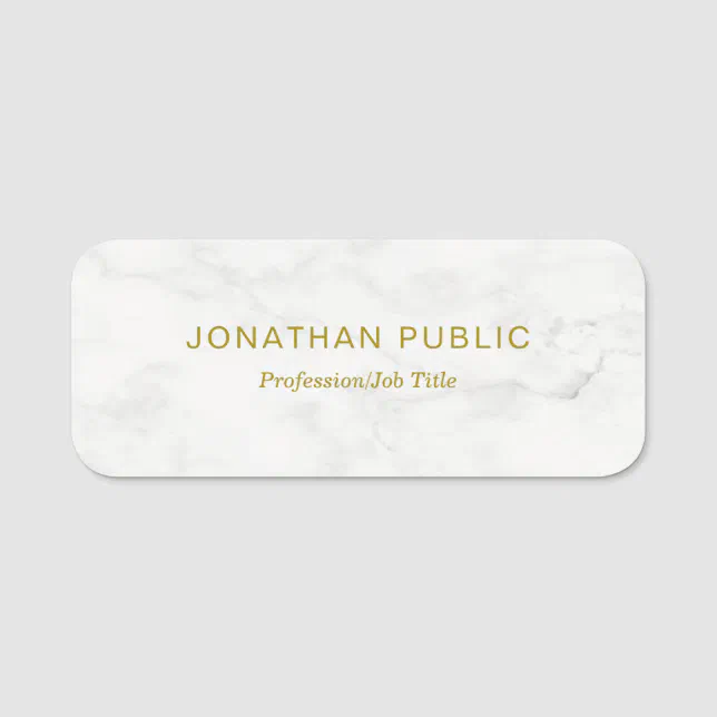 Template Gold Text White Marble Modern Minimalist Name Tag | Zazzle