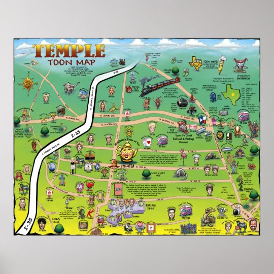 Temple Texas Cartoon Map Poster | Zazzle.com
