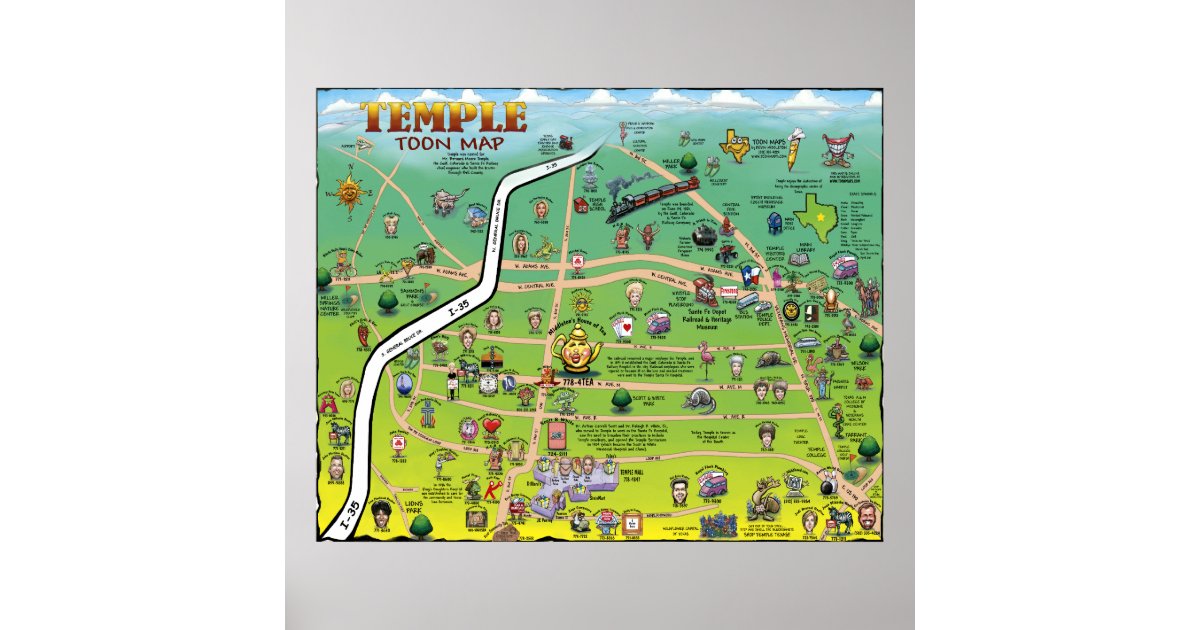 Temple Texas Cartoon Map Poster | Zazzle