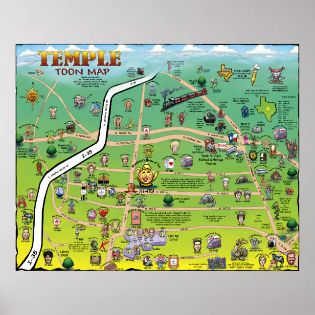 Temple Texas Cartoon Map Poster | Zazzle