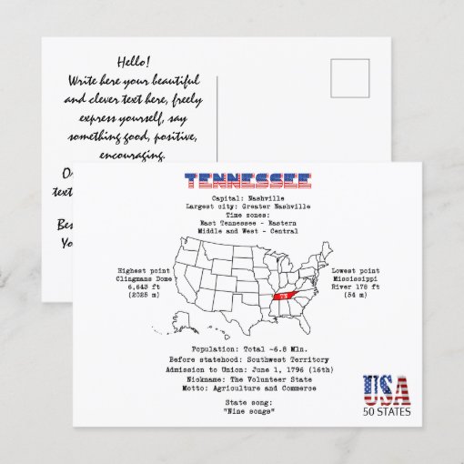 Tennessee American state on a map and useful info Holiday Postcard | Zazzle