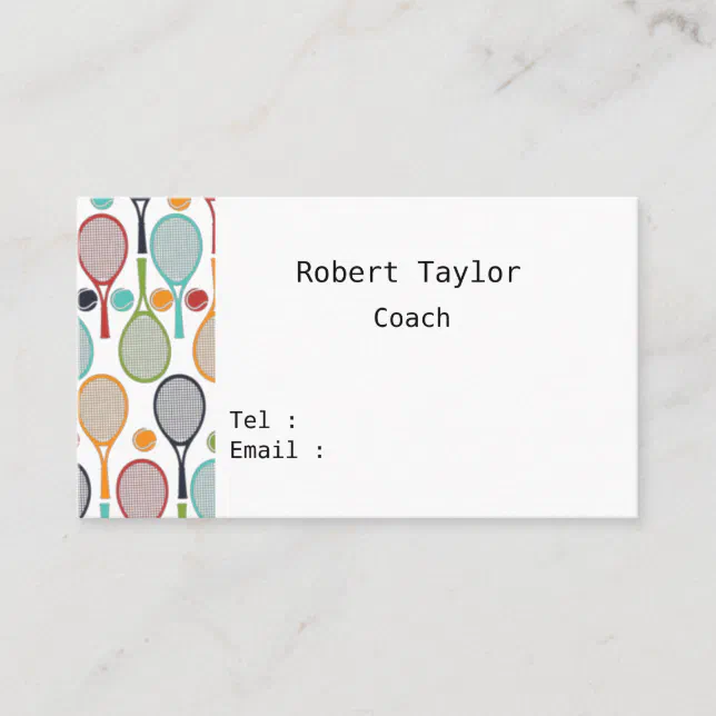 Tennis ball and colorful racket on white business card | Zazzle