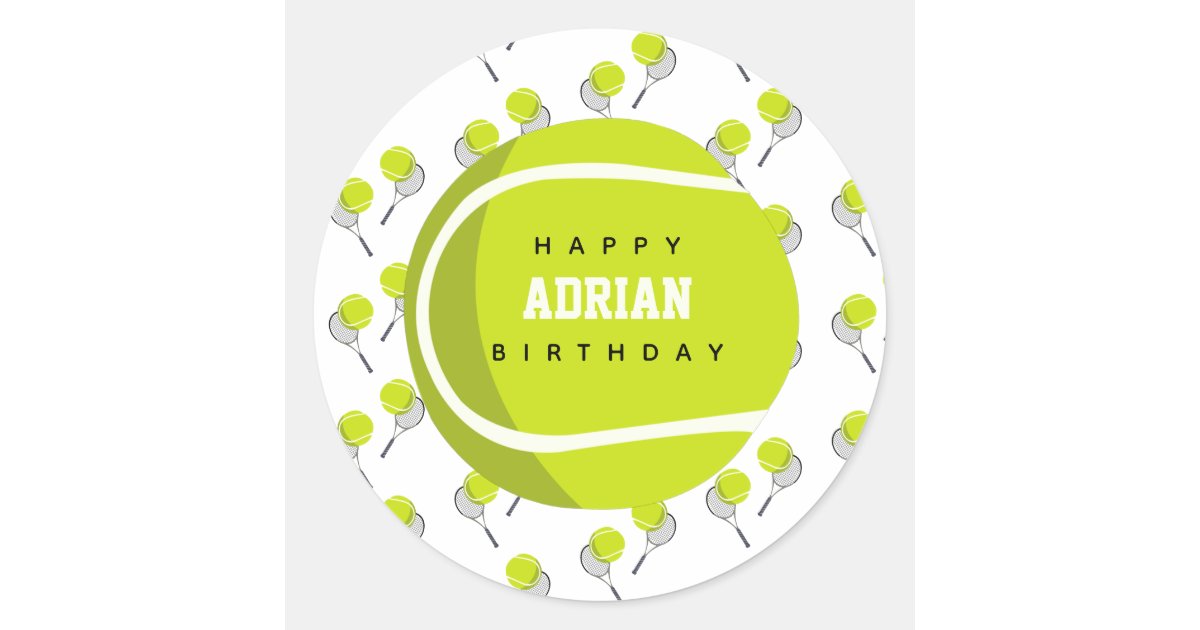 Tennis Ball & Racket Racquet Birthday Party Classic Round Sticker | Zazzle