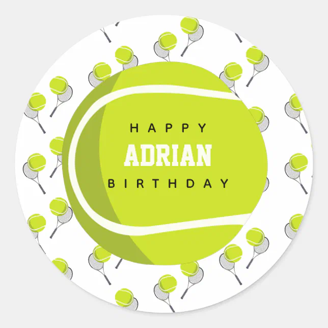 Tennis Ball & Racket Racquet Birthday Party Classic Round Sticker | Zazzle