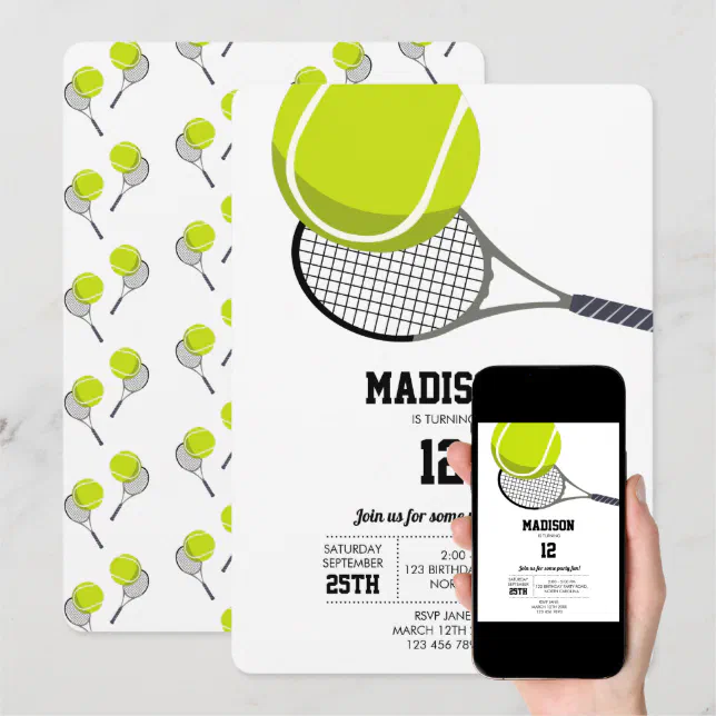 Tennis Ball & Racket Racquet Birthday Party Invitation | Zazzle