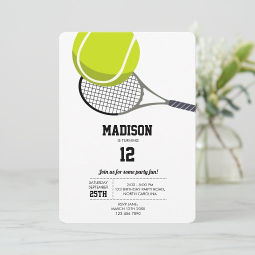 Tennis Ball & Racket Racquet Birthday Party Invitation | Zazzle