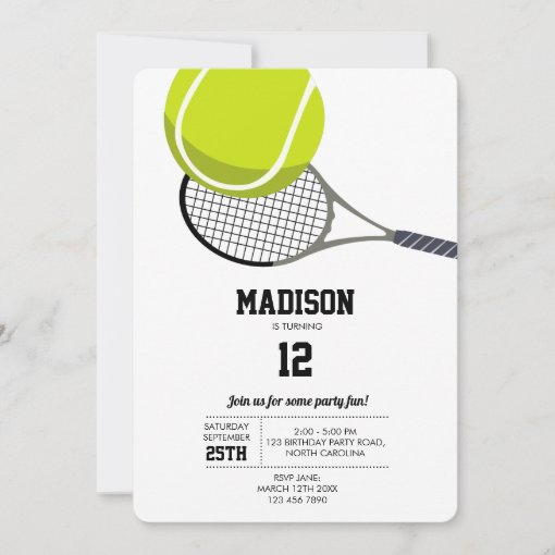 Tennis Ball & Racket Racquet Birthday Party Invitation | Zazzle