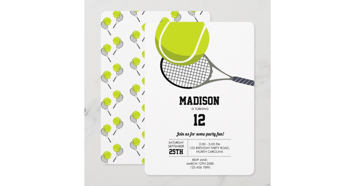 Tennis Ball & Racket Racquet Birthday Party Invitation | Zazzle