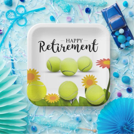 Tennis ball with flower for player Retirement Paper Plates | Zazzle