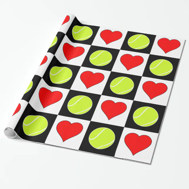 Tennis Balls and Hearts Black & White Checkered Wrapping Paper | Zazzle