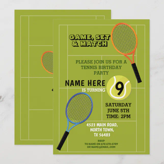 Tennis Birthday Party Sports Ball Rackets Court Invitation | Zazzle