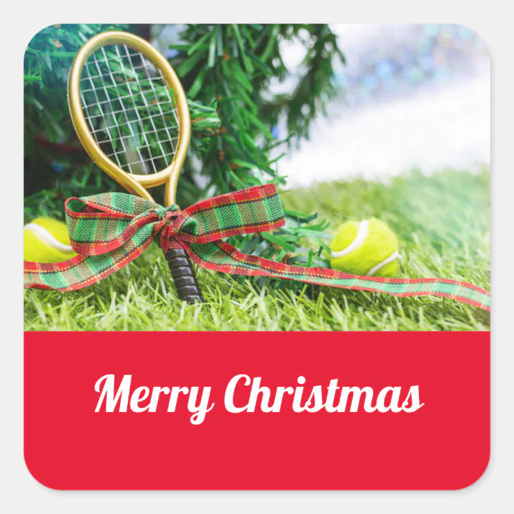 Tennis Christmas with ball and racket on tree Square Sticker | Zazzle