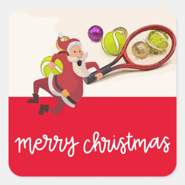 Tennis Christmas with Santa Claus Ball Racket Red Square Sticker | Zazzle