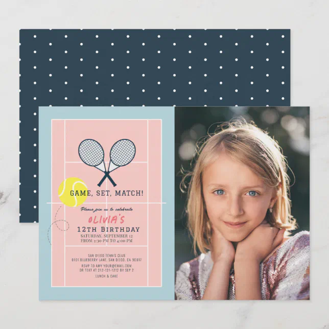 Tennis Court Racquet Pink Girl Photo Birthday Invitation | Zazzle