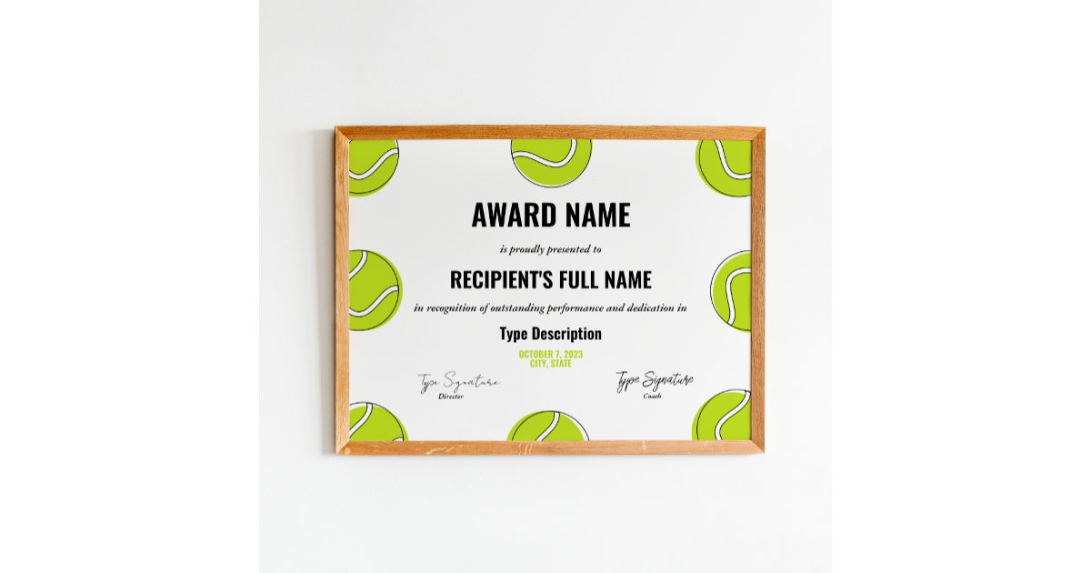 Tennis Excellence Award Certificate - Instant Poster | Zazzle