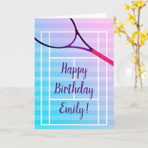 Tennis Happy Birthday Girl Sports Cute Pink Purple Card | Zazzle