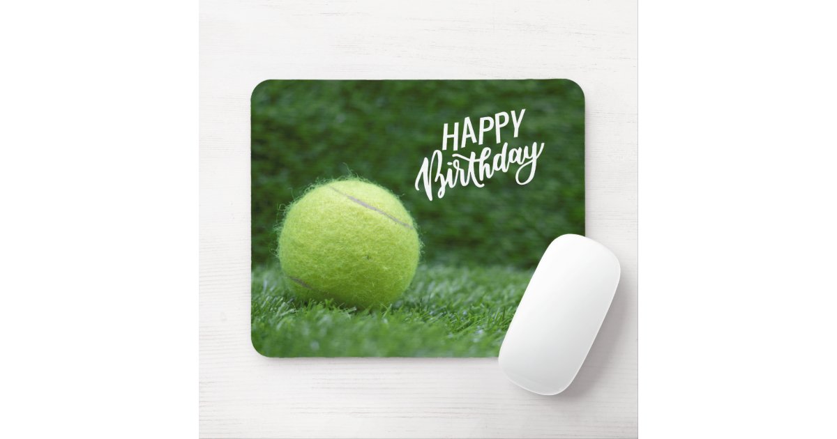 Tennis Happy Birthday with ball on green grass Mouse Pad | Zazzle