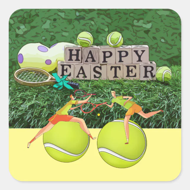 Tennis Happy Easter with ball and eggs on green Square Sticker | Zazzle