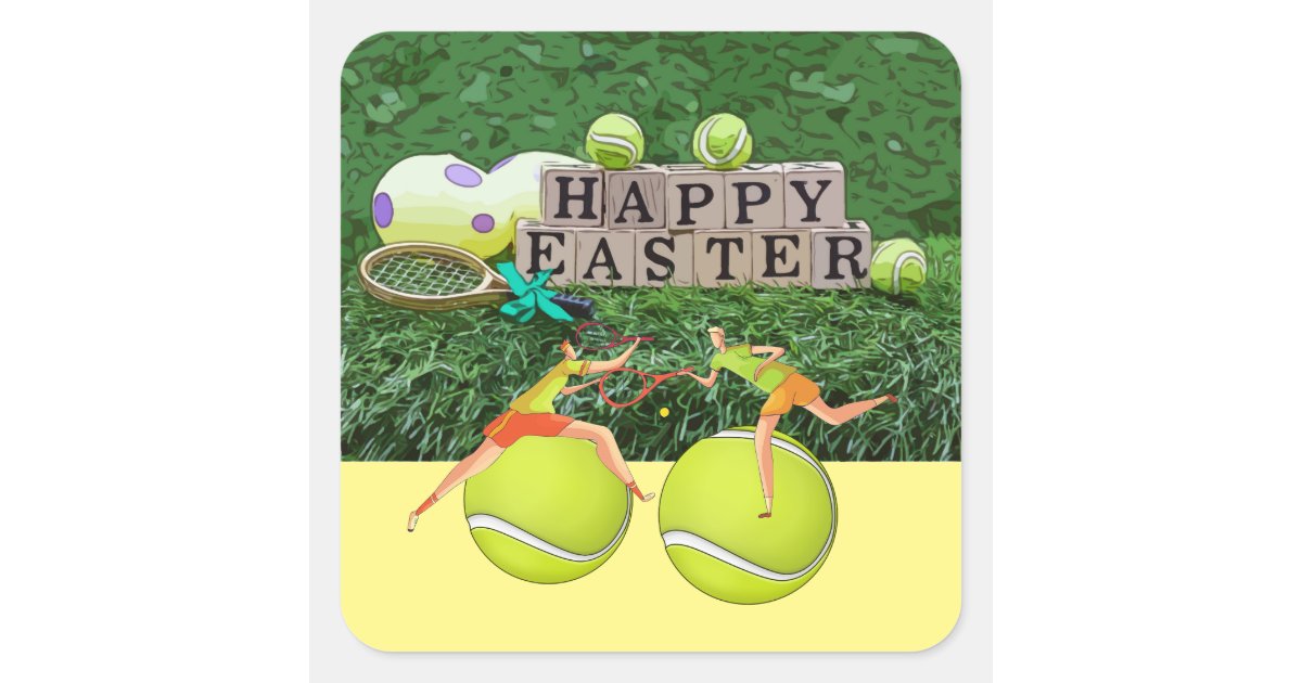 Tennis Happy Easter with ball and eggs on green Square Sticker | Zazzle