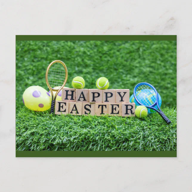 Tennis Happy Easter with ball racket and eggs Post Postcard | Zazzle