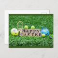 Tennis Happy Easter with ball racket and eggs Post Postcard | Zazzle