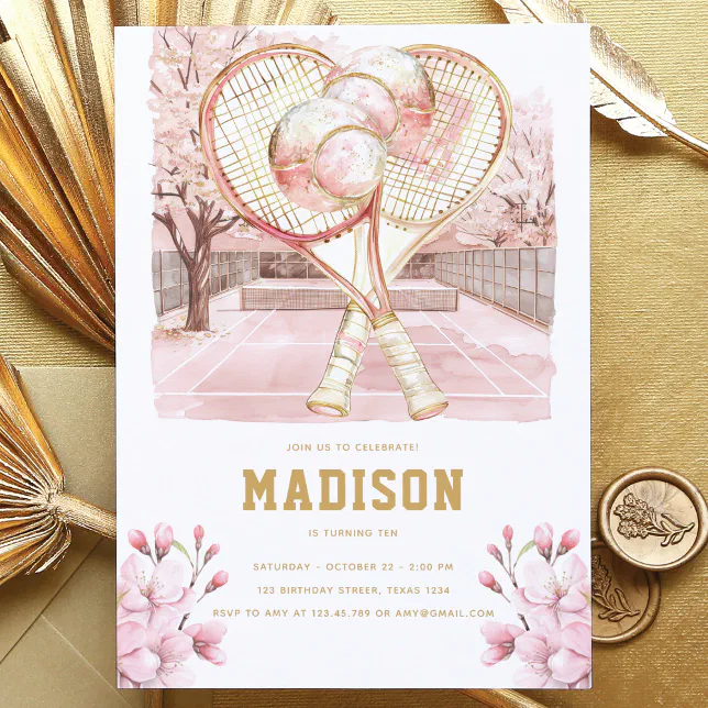 Tennis Luxury Girl Birthday Pink Gold Invitation | Zazzle