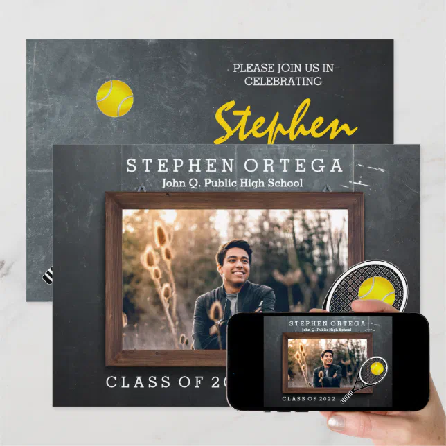 Tennis Player Chalkboard Photo Graduation Invitation | Zazzle
