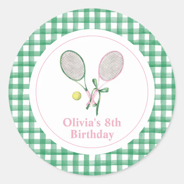 Tennis preppy plaid birthday invitation classic round sticker | Zazzle