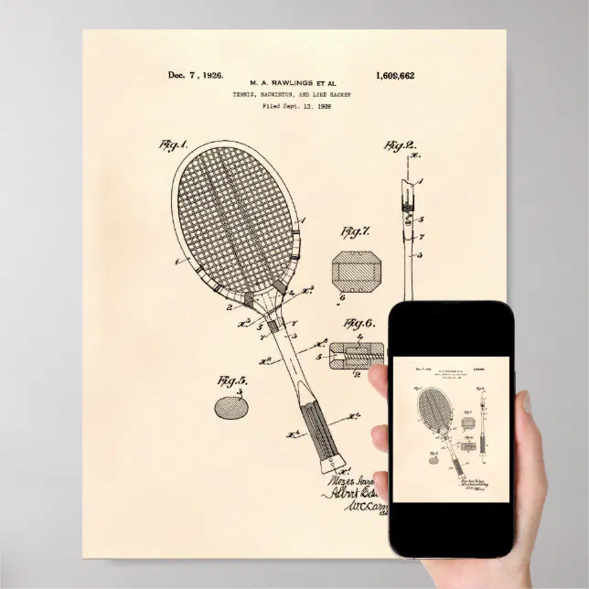 Tennis Racket 1925 Patent Art Old Peper Poster | Zazzle