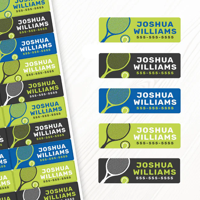 Tennis racket and ball name phone number property labels | Zazzle