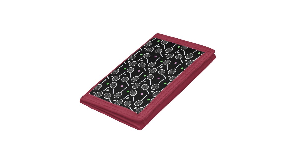Tennis Racket Pattern Black Background Trifold Wallet | Zazzle