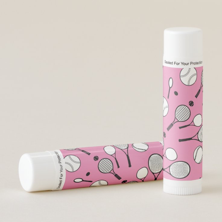 Tennis rackets balls black pink for her lip balm | Zazzle