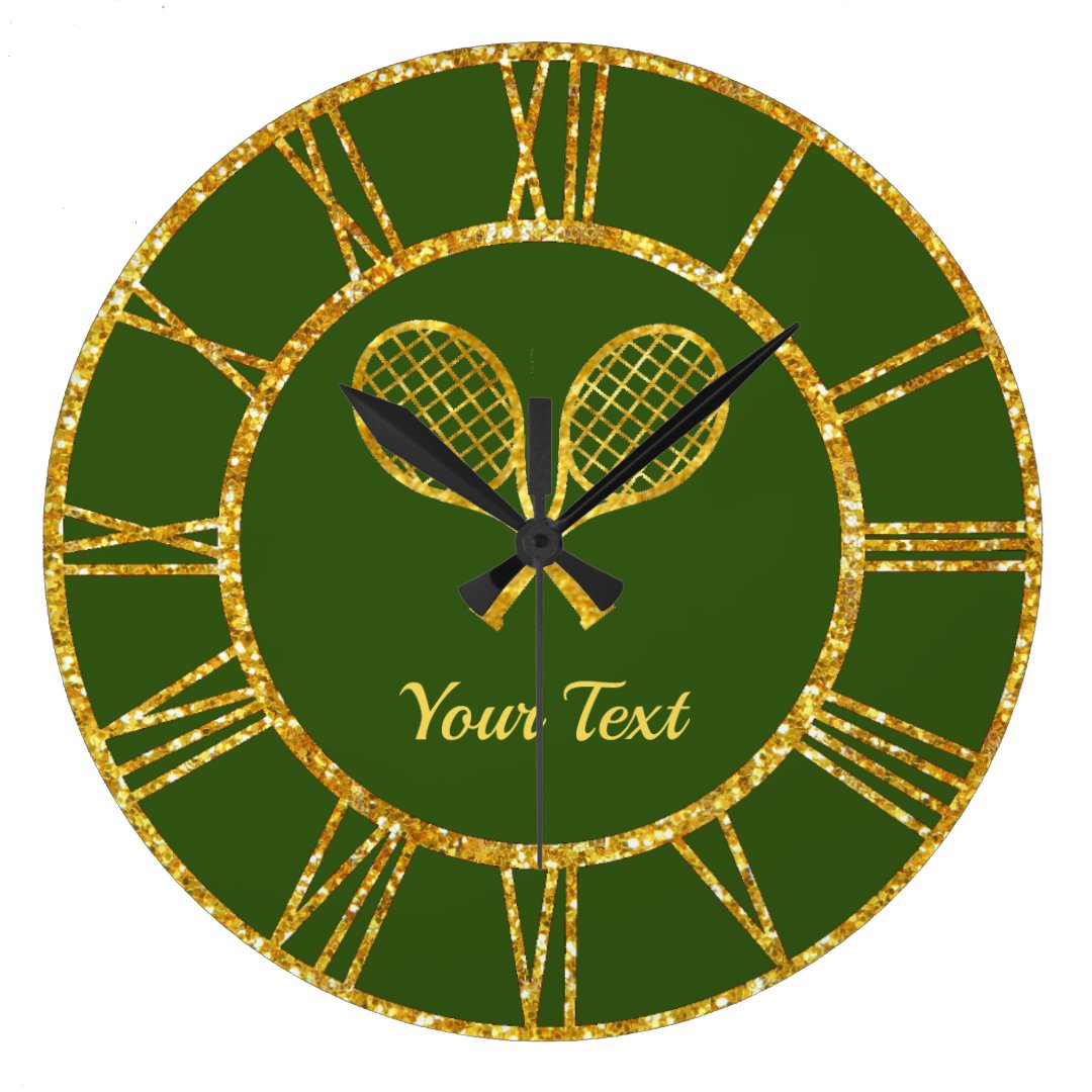 Tennis Rackets in Gold Your Text Large Clock | Zazzle