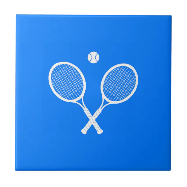 Tennis Rackets with Ball on Blue Background Ceramic Tile | Zazzle