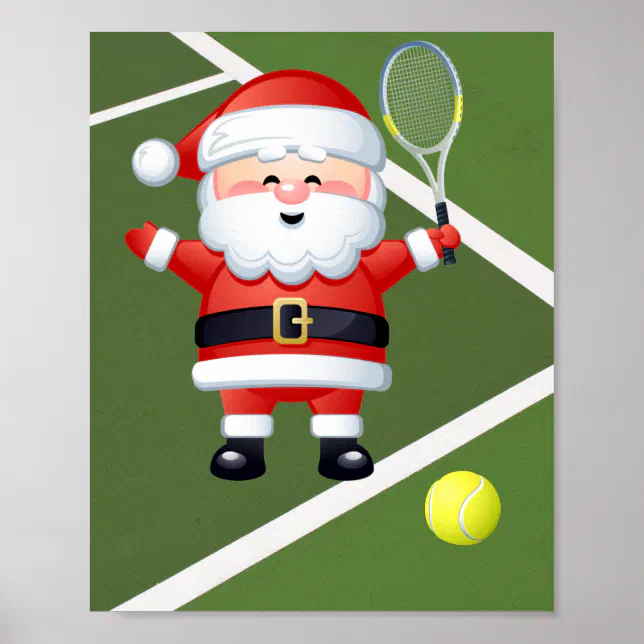 Tennis Santa Claus with Racket and Ball Christmas Poster | Zazzle