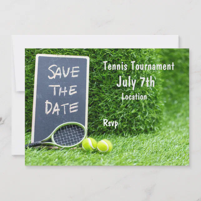 Tennis save the date on chalk board with racket invitation | Zazzle