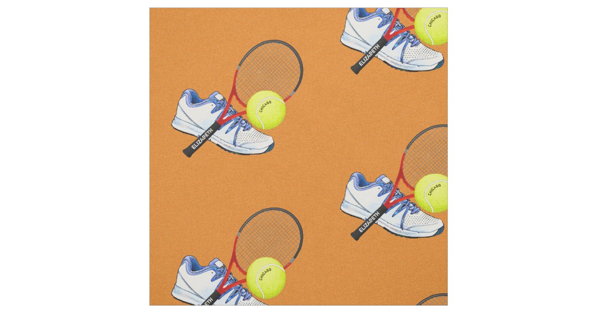 Tennis Shoe Ball And Racket With Your Custom Text Fabric | Zazzle